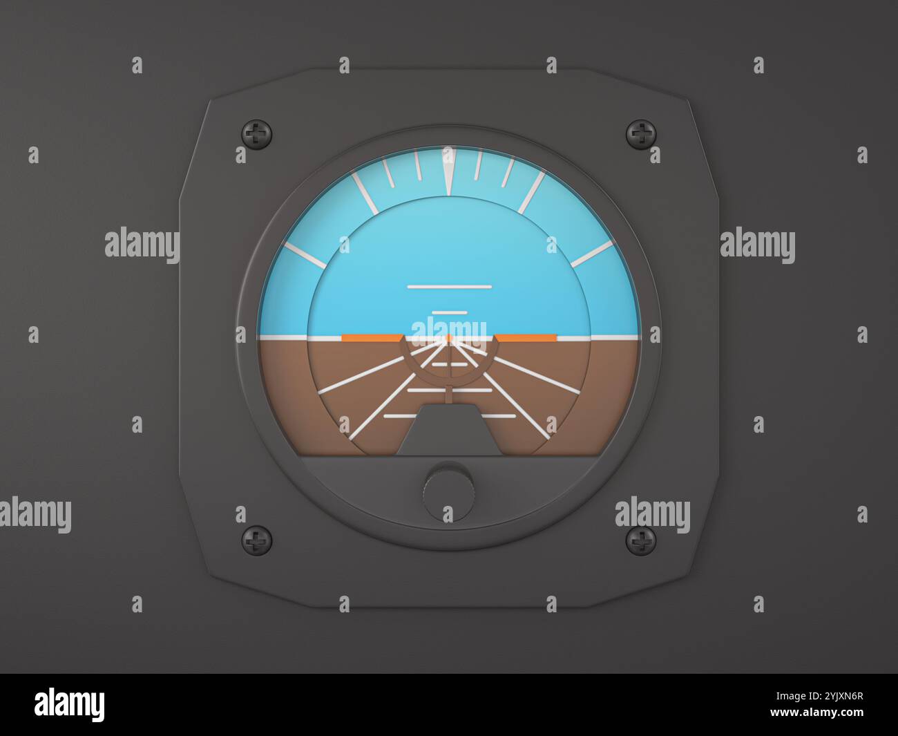 Flight instrument attitude indicator on a black background. 3d ...