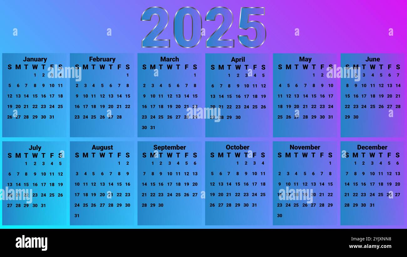 Calendar 2025 with blue background to each month The year 2025 ...