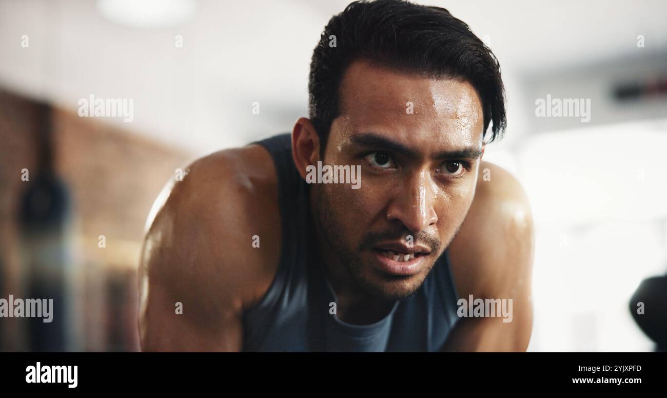 Gym, asian man and tired with breathing for fitness, cardio training ...