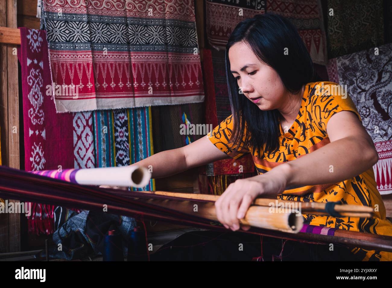 A Torajan Sa'dan weaver woman works on her weaving, October 2, 2024 ...