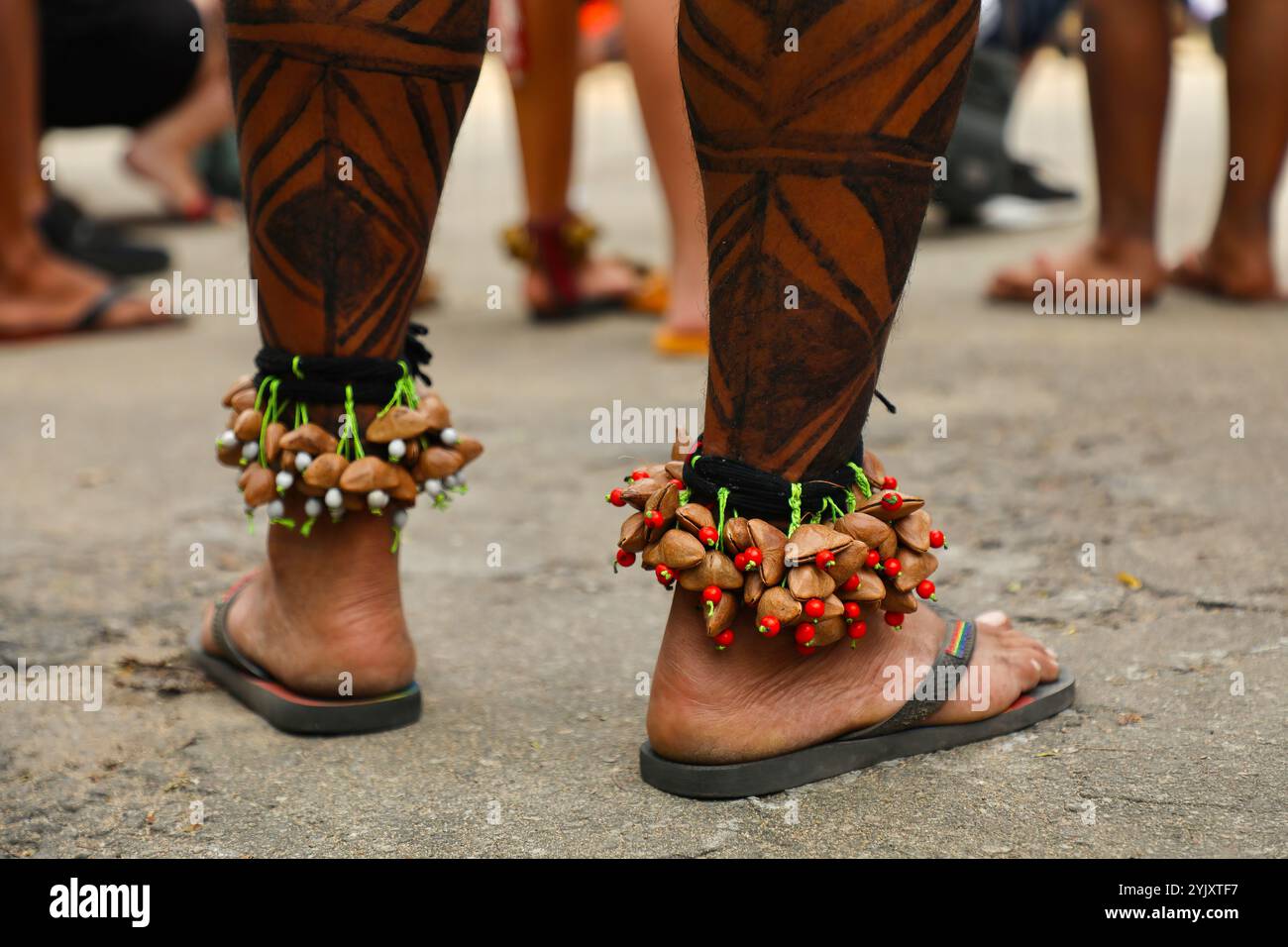 An indigenous man takes part in the ceremony adorned his legs with ...
