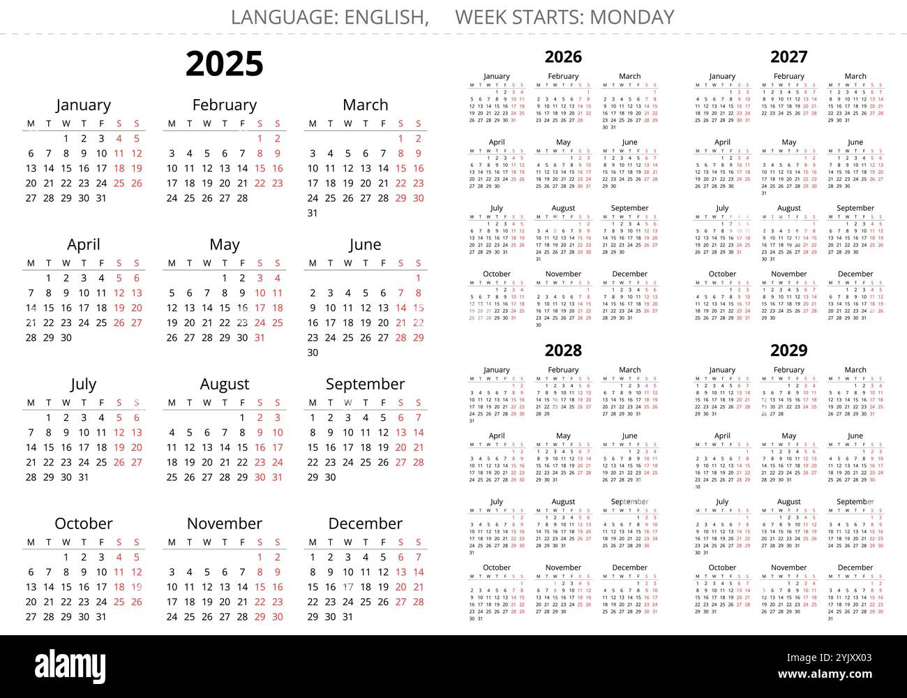 2025, 2026, 2027, 2028, 2029 years english vector calendars with 12 months. Week starts monday ...