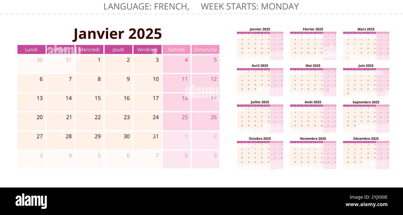 2025 year french page calendar. Vector illustration set for France ...