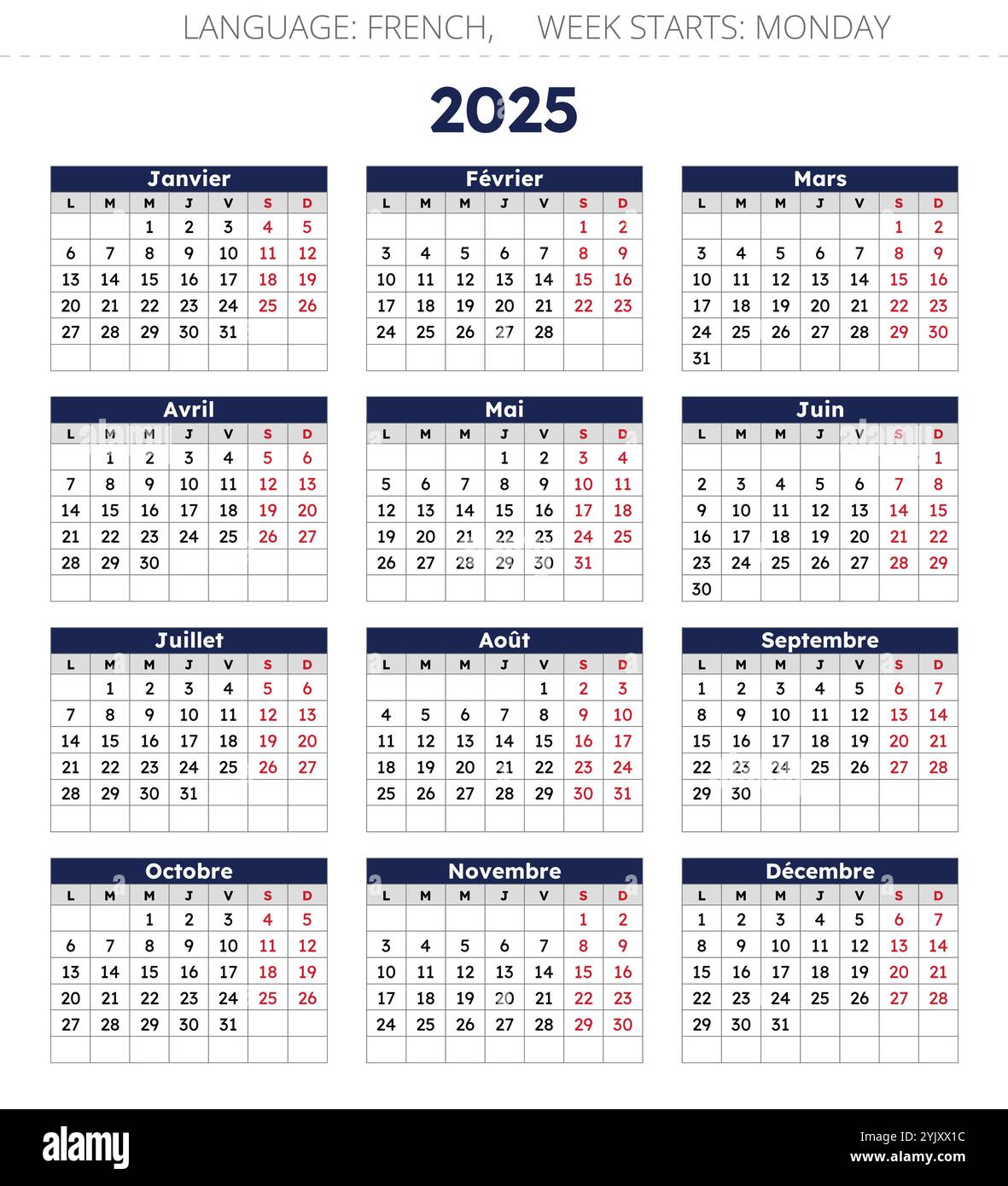2025 FRENCH calendar. Vector illustration design for France. 12 months ...