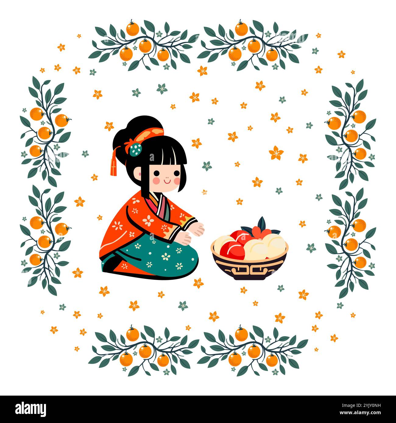 Vector illustration Girl child in traditional asian clothes sitting and ...