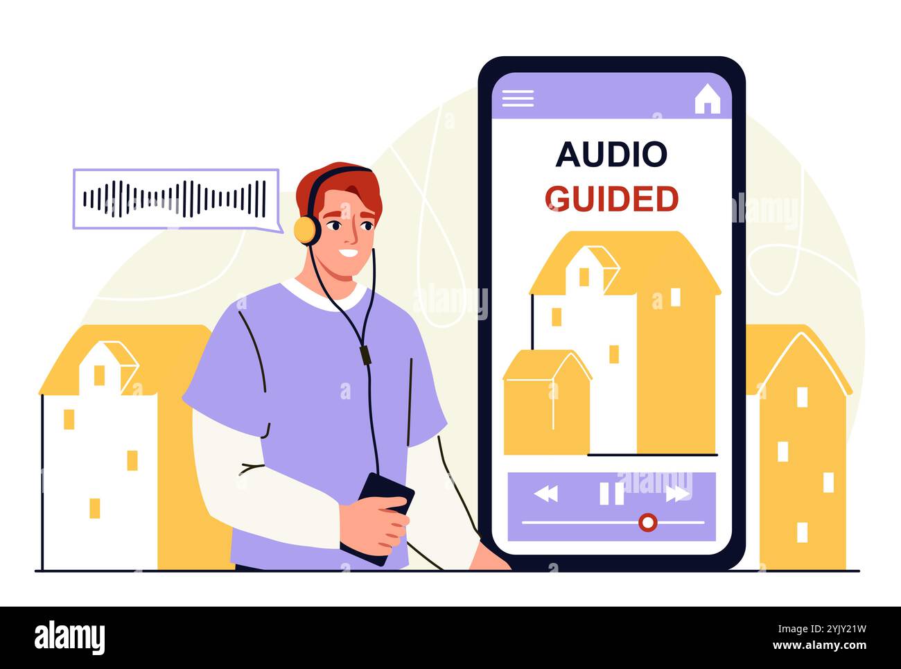 Man with audio guide. Young guy with smartphone in his hands ...