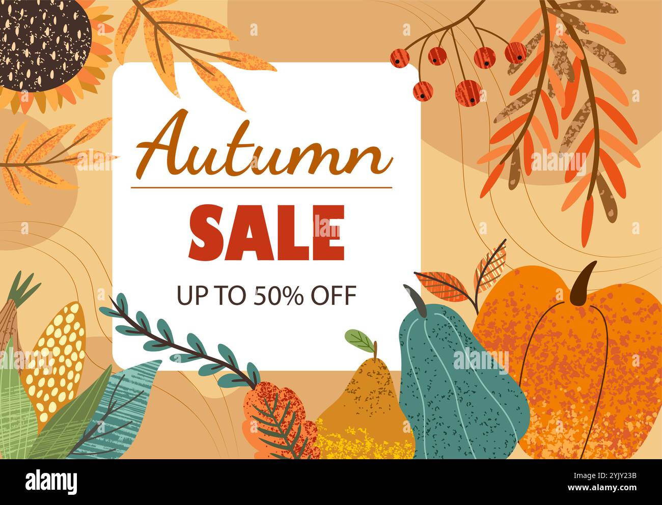 Autumn sale poster. Fruits and vegetables near orange foliage. Pear and ...