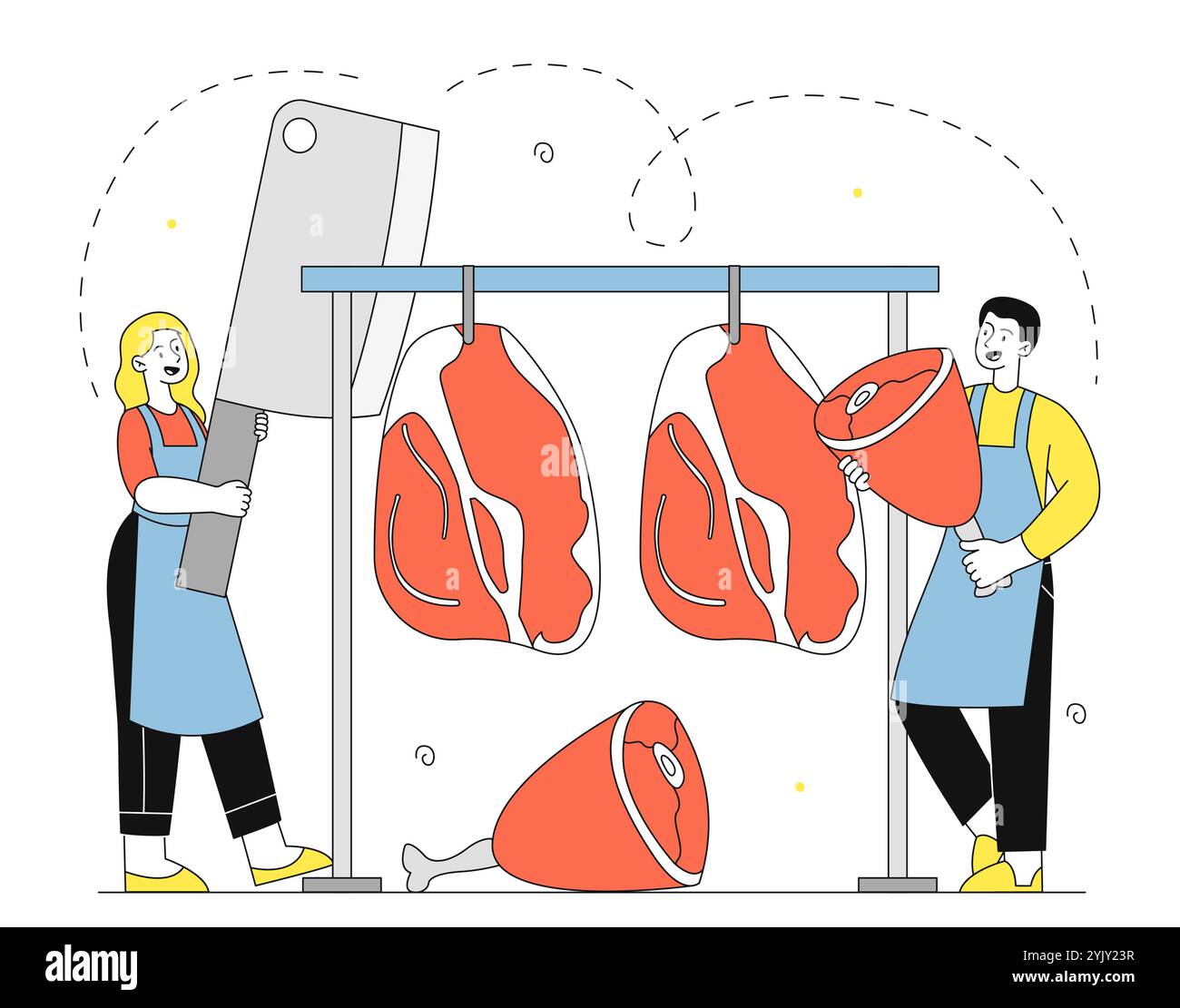 Butcher with knife. Man and woman in uniform with large knife near meat ...