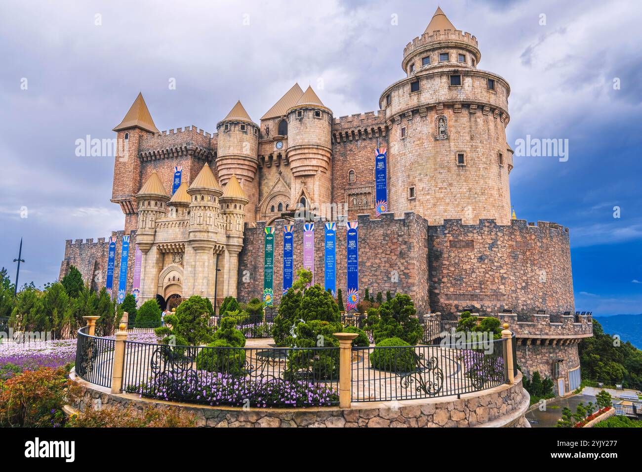 Medieval castle in the Ba Na Hills amusement park on a mountain in Da ...
