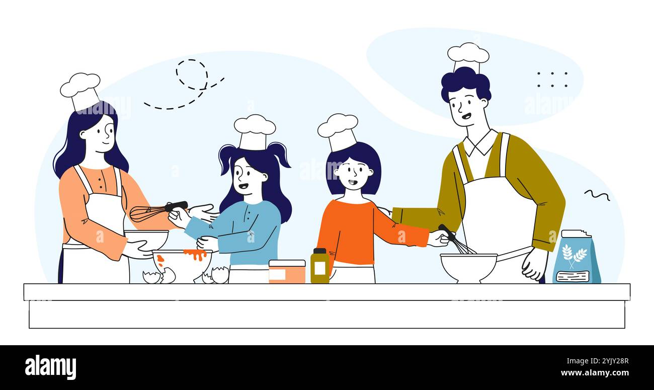 People in cooking master class. Man and woman teach boy and girl to ...