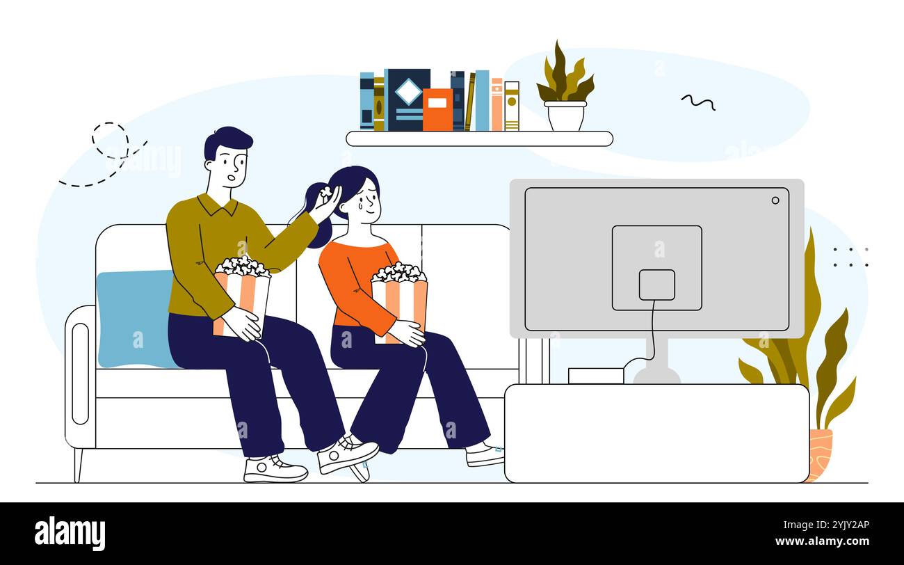 Couple watching romantic movie. Man and woman with buckets of popcorn ...