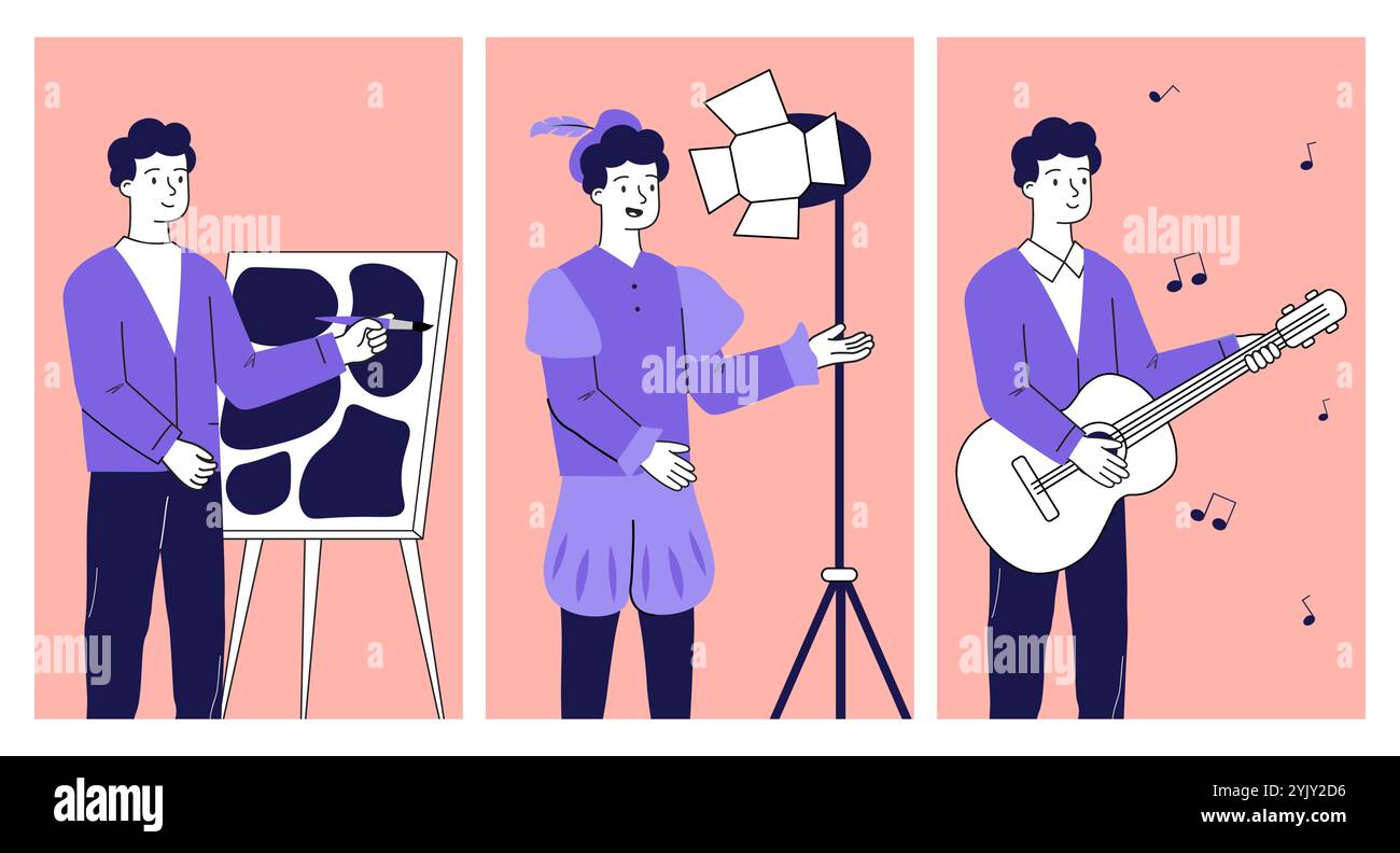 People with different hobbies. Artist, theater actor and musician with ...