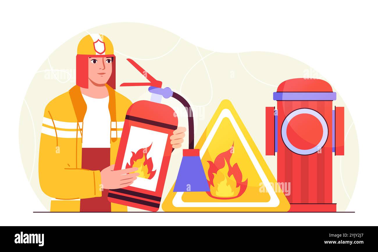 Firefighter with equipment. Man in uniform and safety helmet with ...