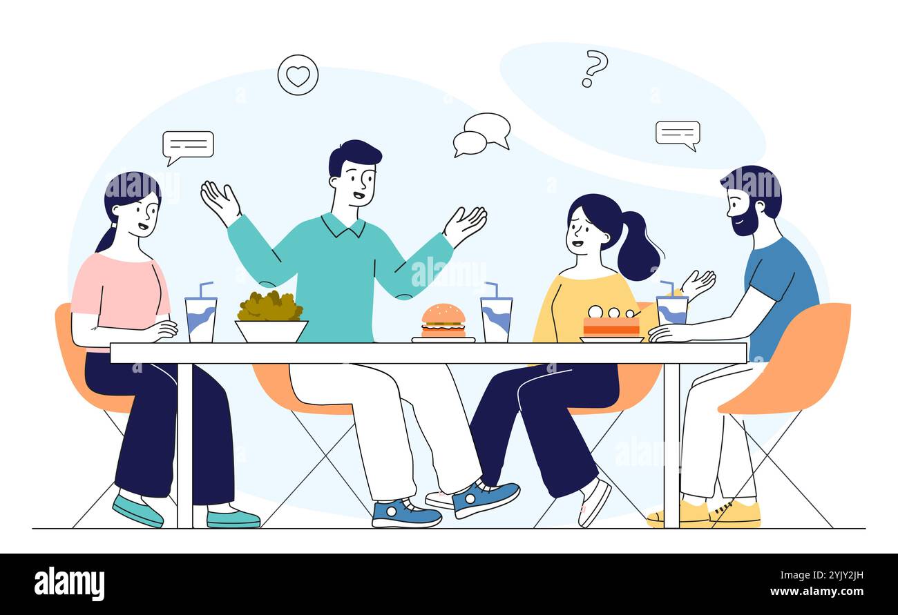 Friends in cafe. Men and women with burger and salad. People with fast ...