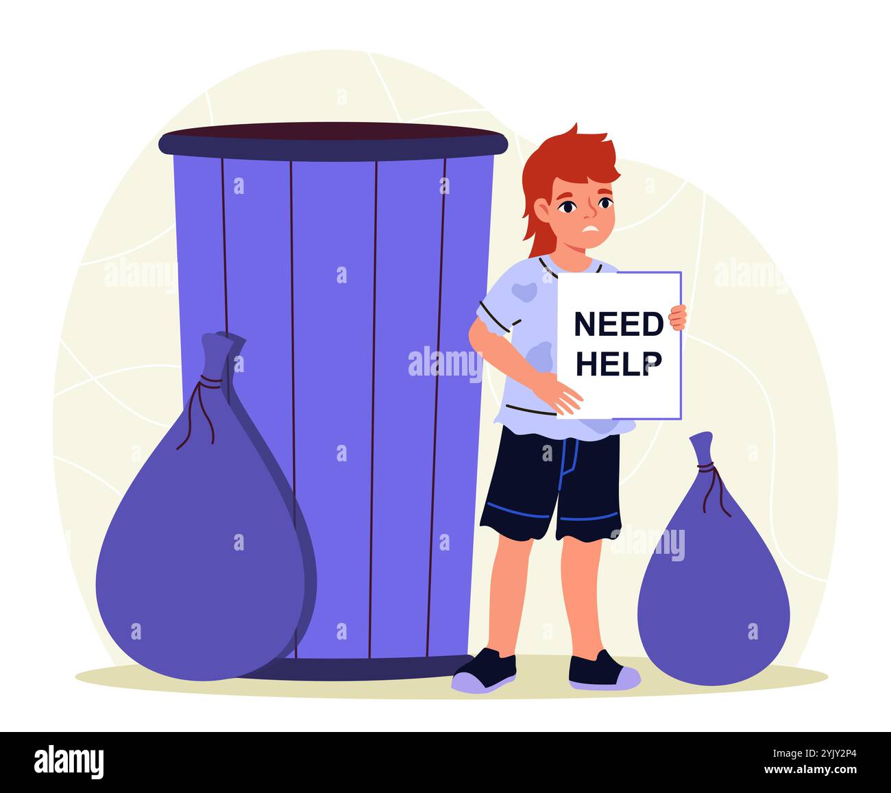 Homeless little boy. Schooler in dirty torn clothes with signboard need ...