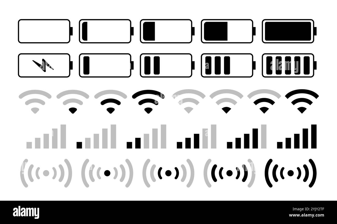 Set of mobile icons. Wifi sign, lte, 4g or 5g wireless internet connection. Battery indicator ...