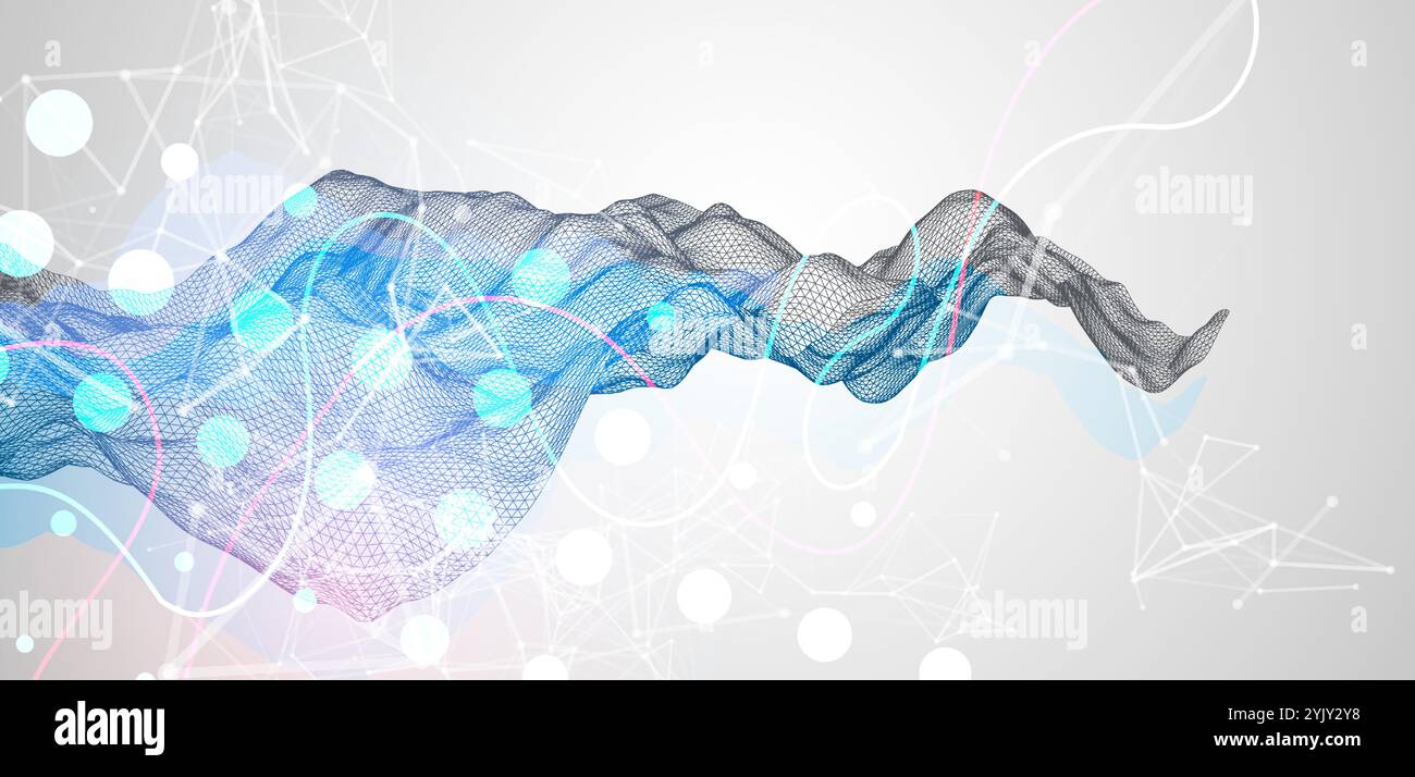 Abstract frame wave with colored spots on it and curved lines. Plexus ...