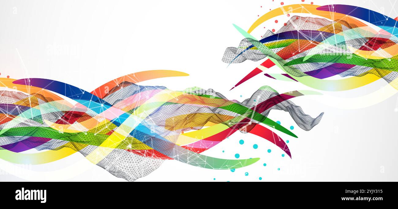 Abstract wireframe wave with colored lines in wave style. Plexus effect ...