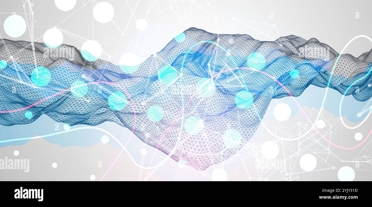 Abstract frame wave with colored spots on it and curved lines. Plexus ...