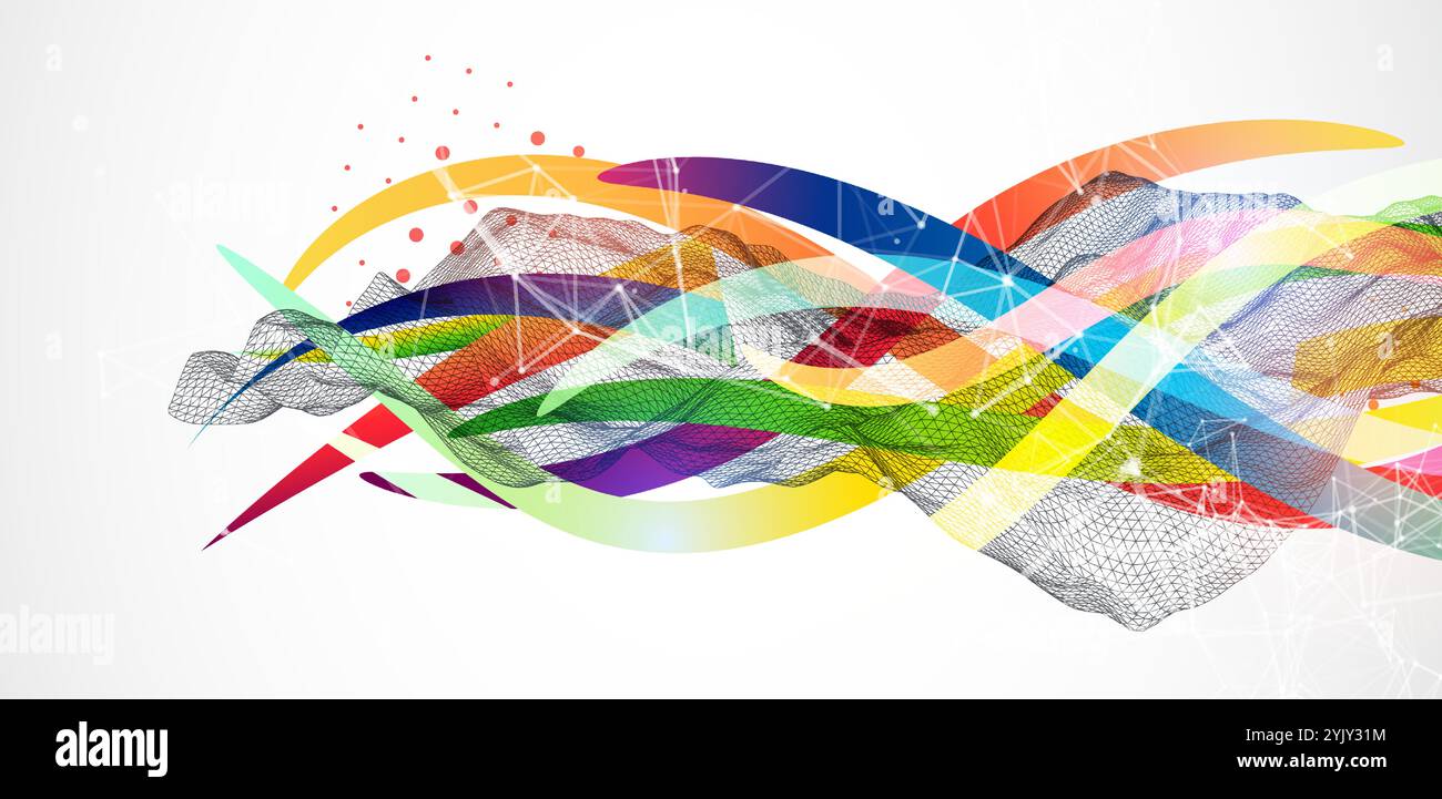 Abstract wireframe wave with colored lines in wave style. Plexus effect ...