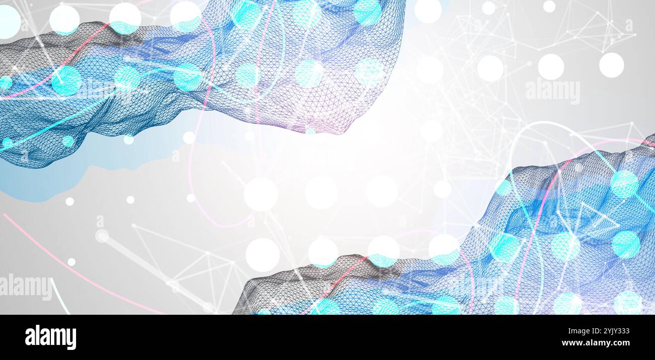 Abstract frame wave with colored spots on it and curved lines. Plexus ...