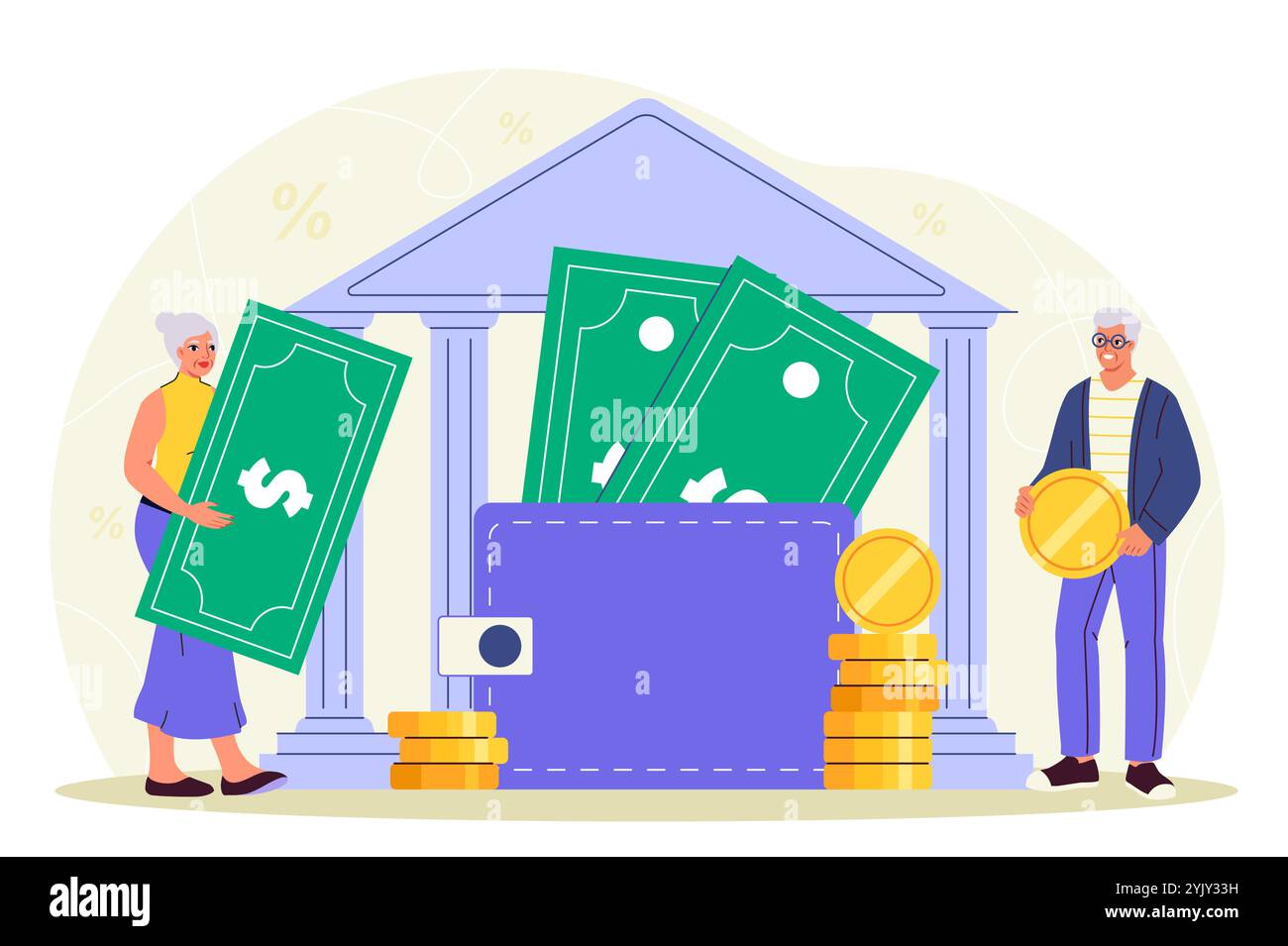 People with pension. Old man and woman with banknotes near bank ...