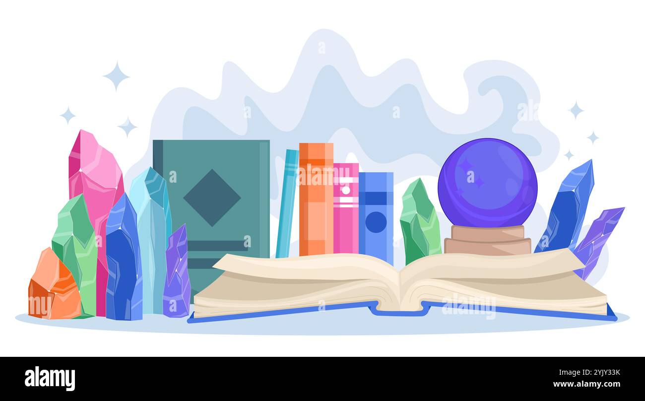 Magic books with crystals. Spelling books with crystal ball ...