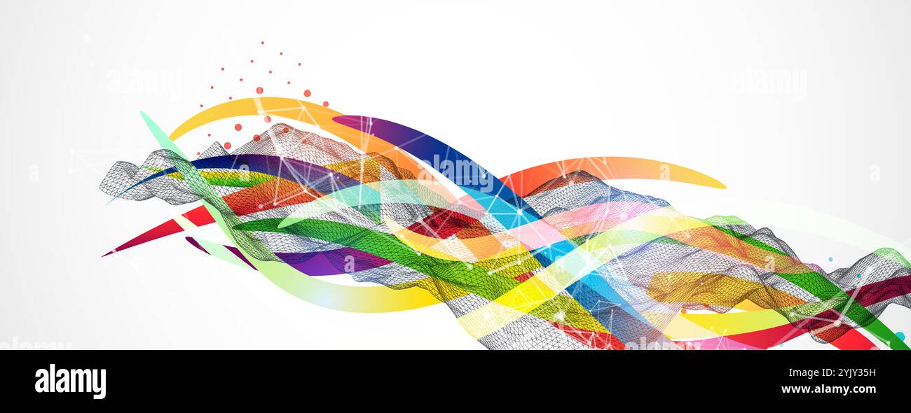 Abstract wireframe wave with colored lines in wave style. Plexus effect ...