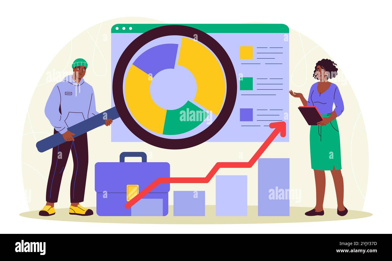 People with process optimization. Woman and man with magnifying glass ...