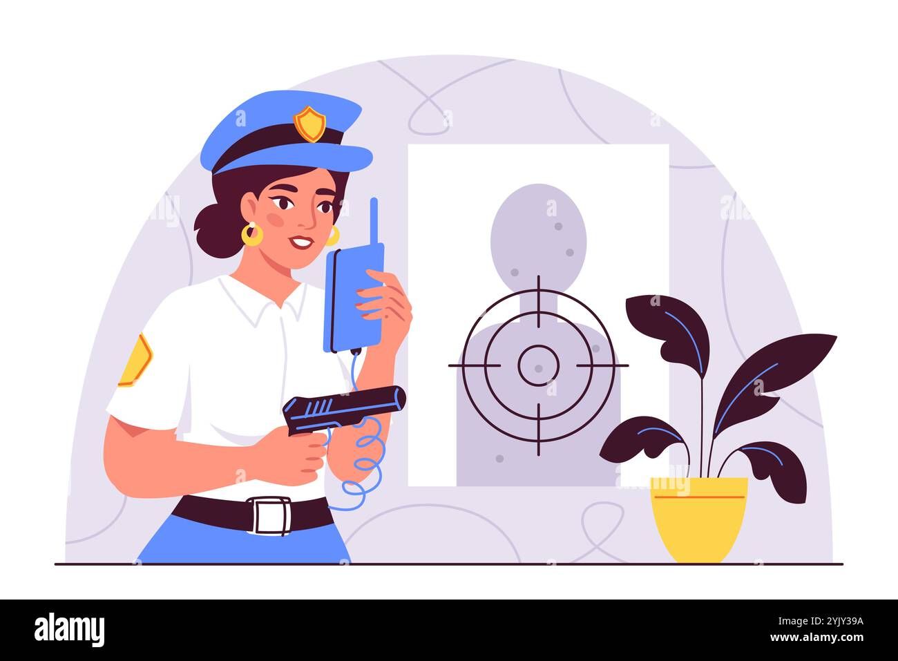 Policewoman with gun. Woman in hat with pistol and walkie talkie aims ...