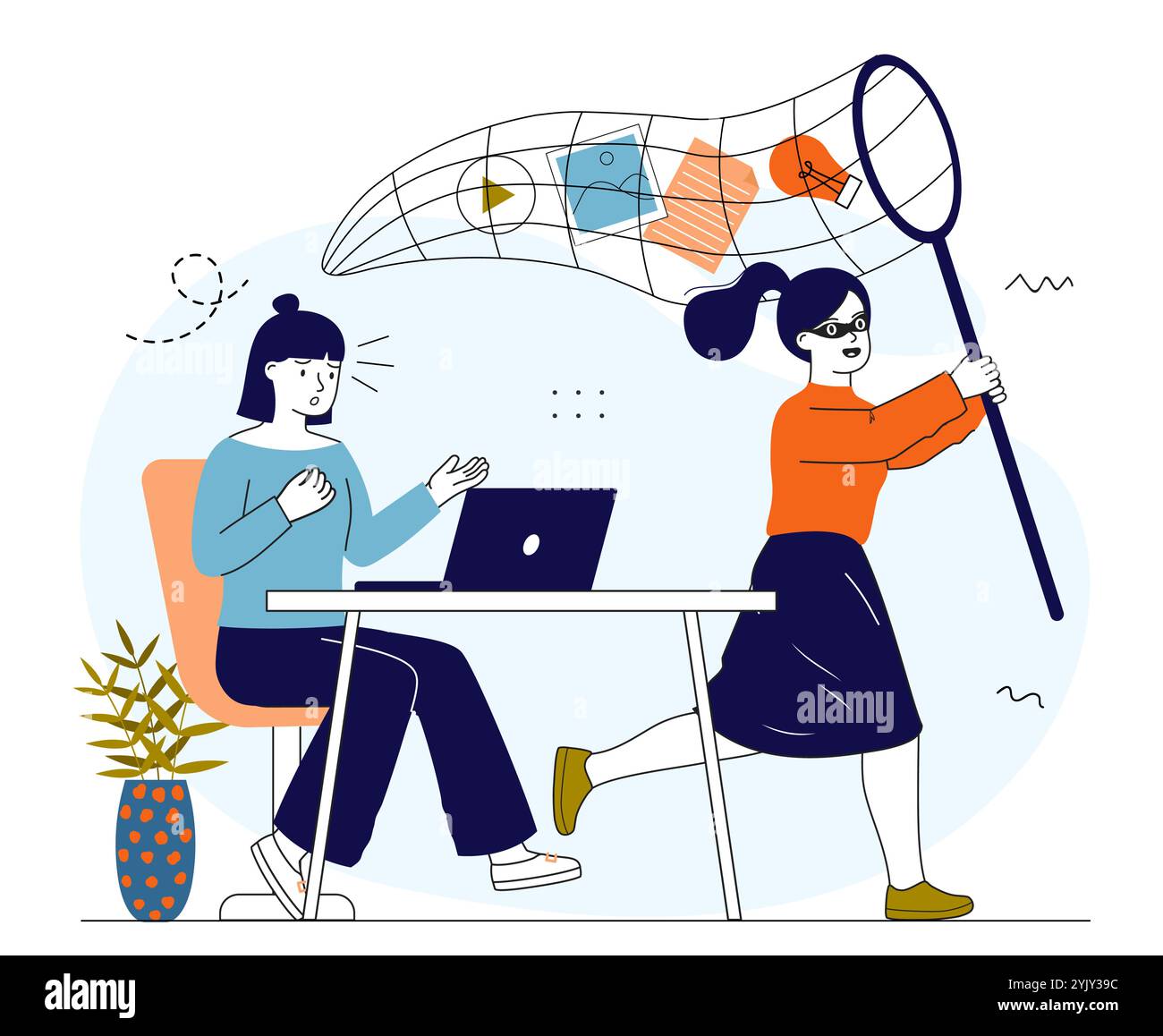 Woman with plagiarism. Young girl with net catching ideas of woman with ...