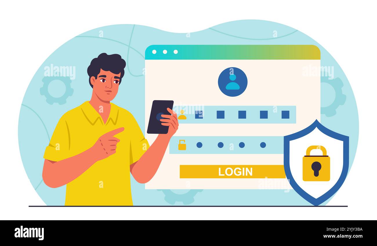 Man with online safety. Young guy with smartphone enters login and ...