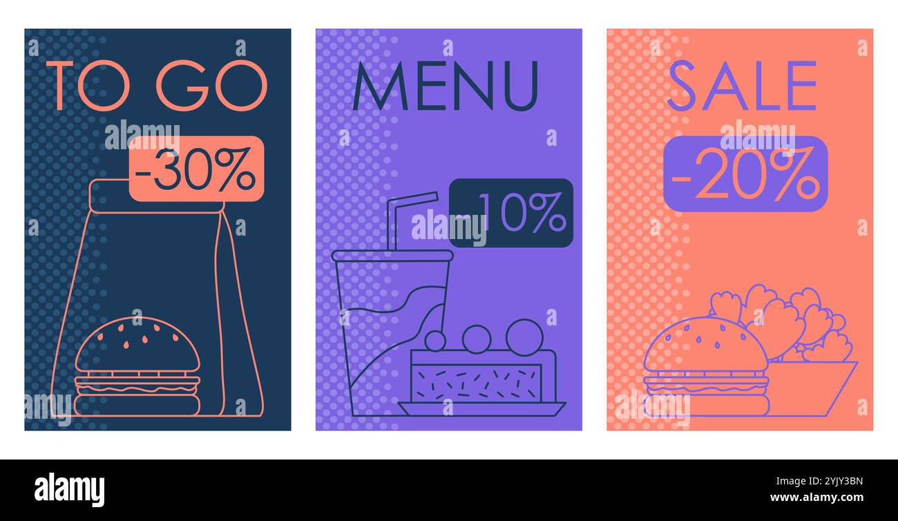 Fast food minimalistic posters set. Hamburger, salad and chicken leg ...