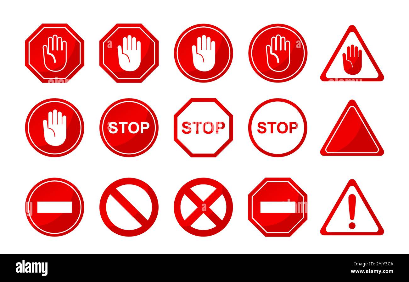 Set of stop signs. Prohibiting roadsigns and traffic signs. Information ...
