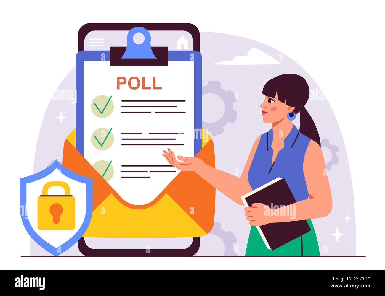 Public opinion poll. Woman near huge smartphone with opinion of voters ...