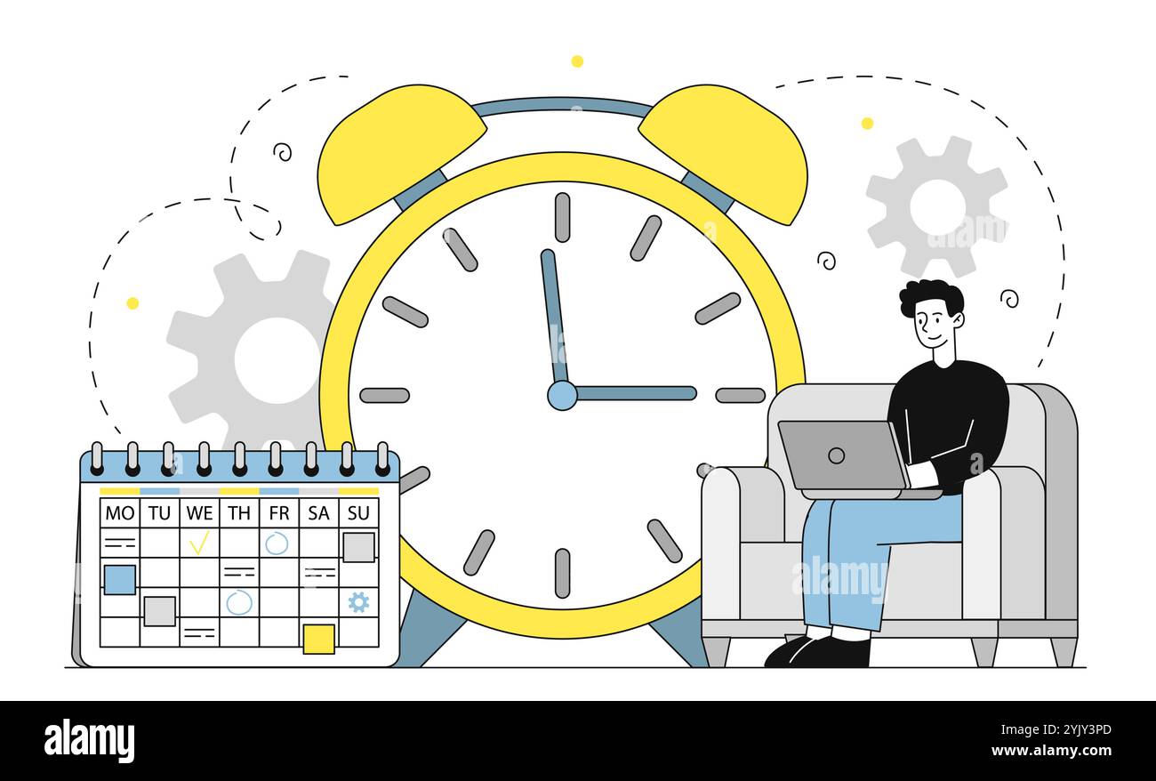 Man with time management. Young guy with laptop sits near huge clock and calendar. Organization ...