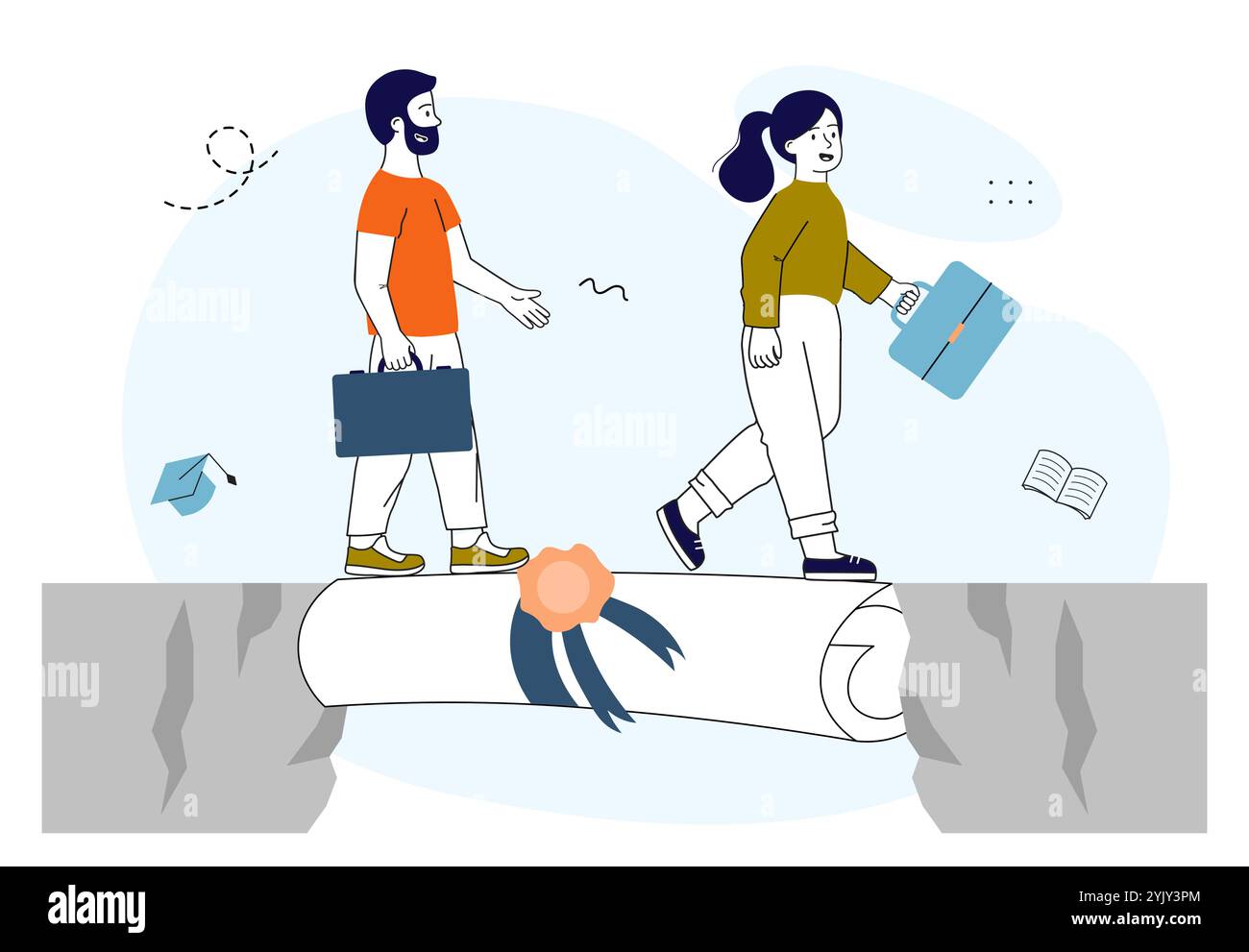 People at educational bridge. Man and woman with briefcases walk ...