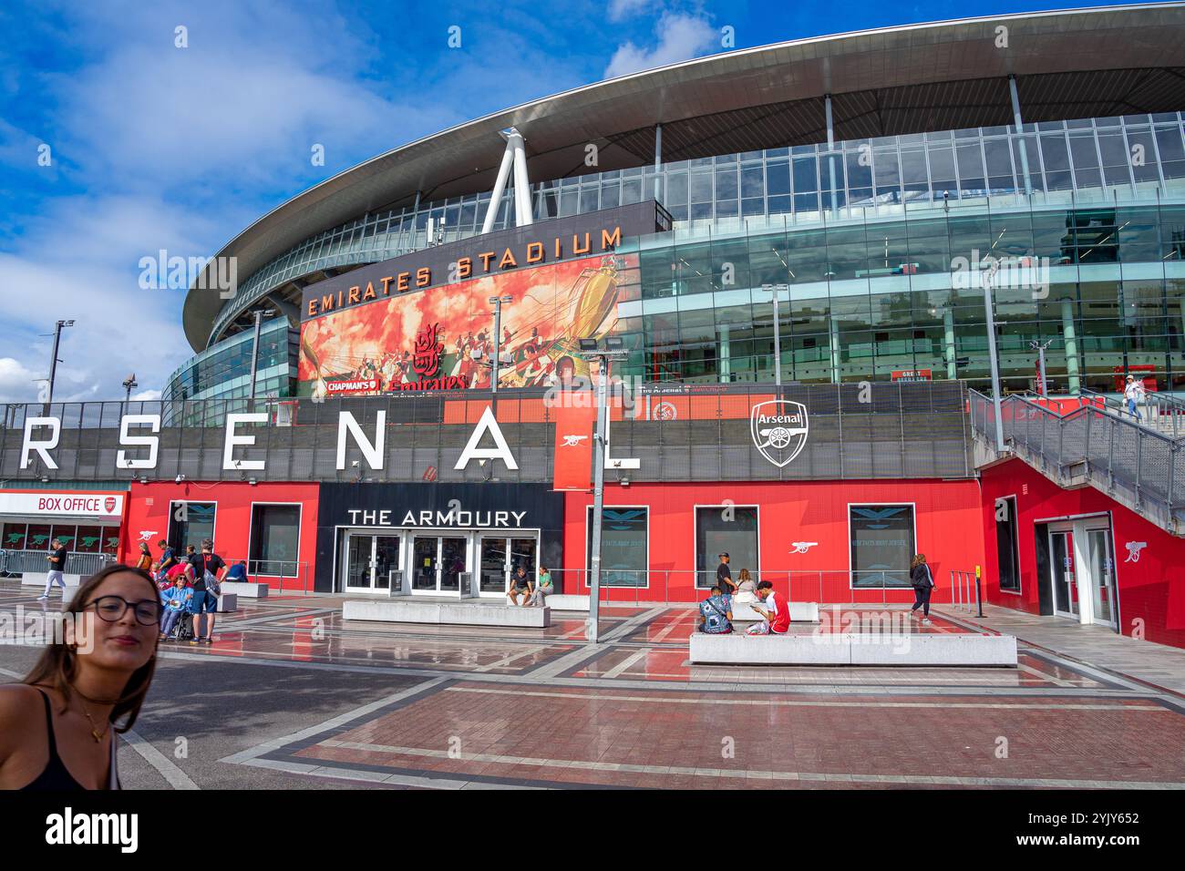 Front facade of Arsenal football stadium and shopping area in the ...