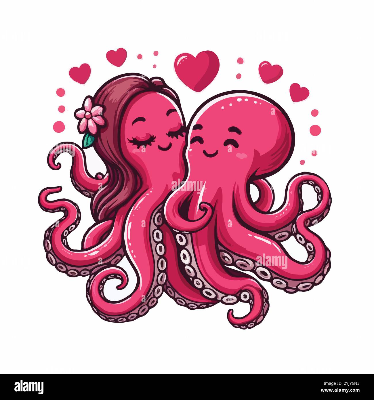 Cute octopus couple in love with hearts cartoon illustration Stock ...