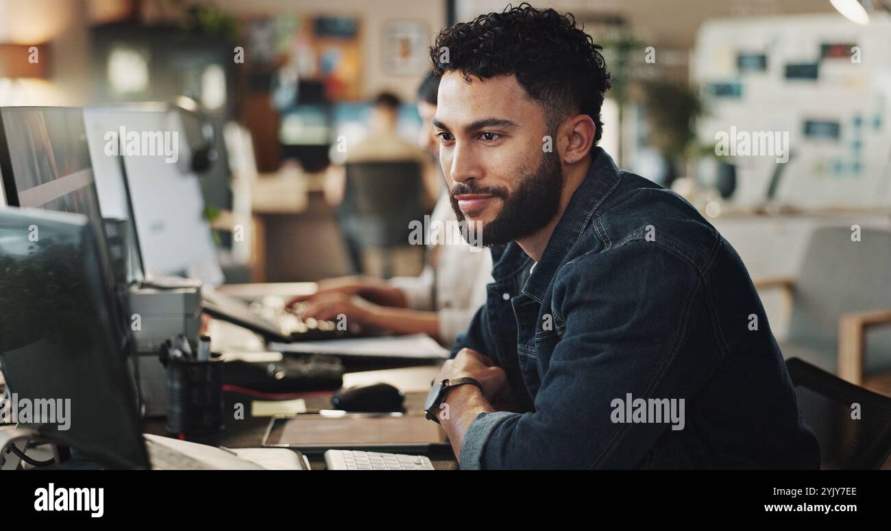 Business, computer and man in office, online reading for project and ...