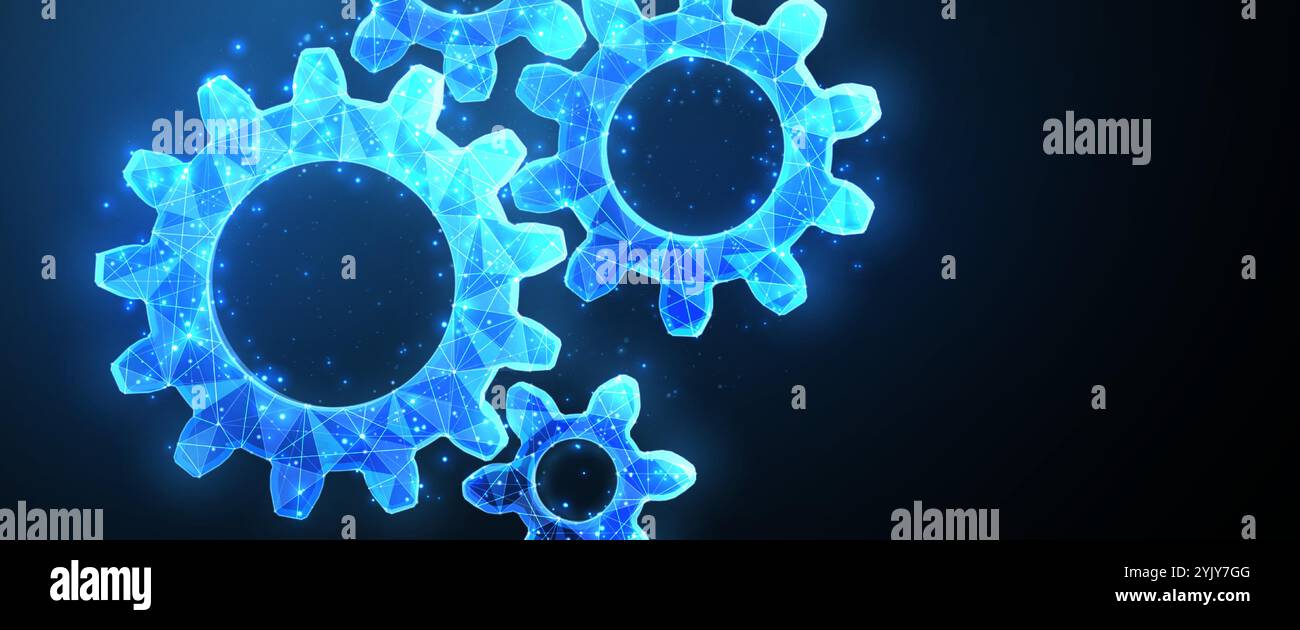 Four gears on blue.. Cog mechanism, engine system, operation progress ...