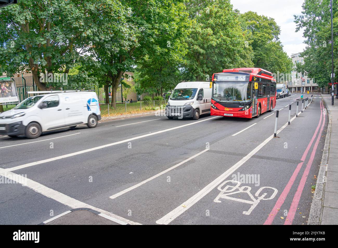 Red double-decker bus heading to 153 Liverpool Street, London.UK Stock ...