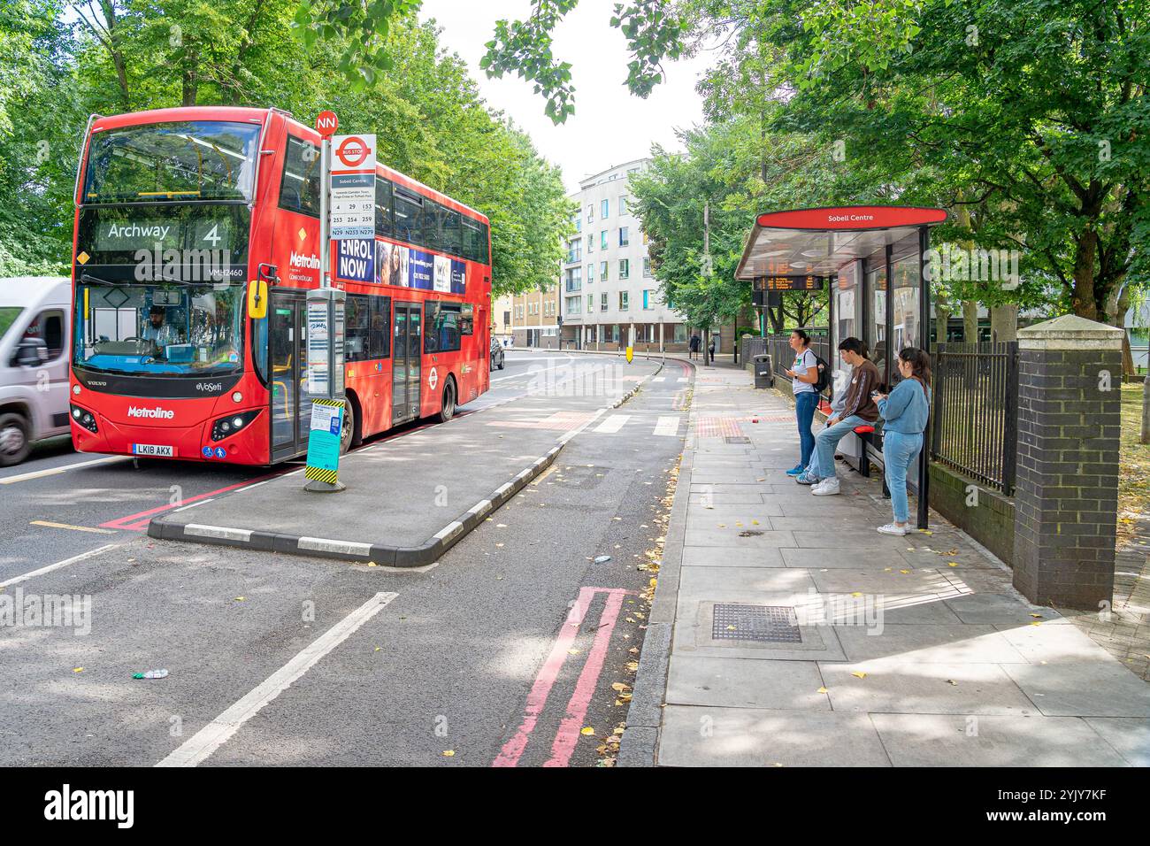 Red double-decker bus heading to Archway 4, London.UK Stock Photo - Alamy