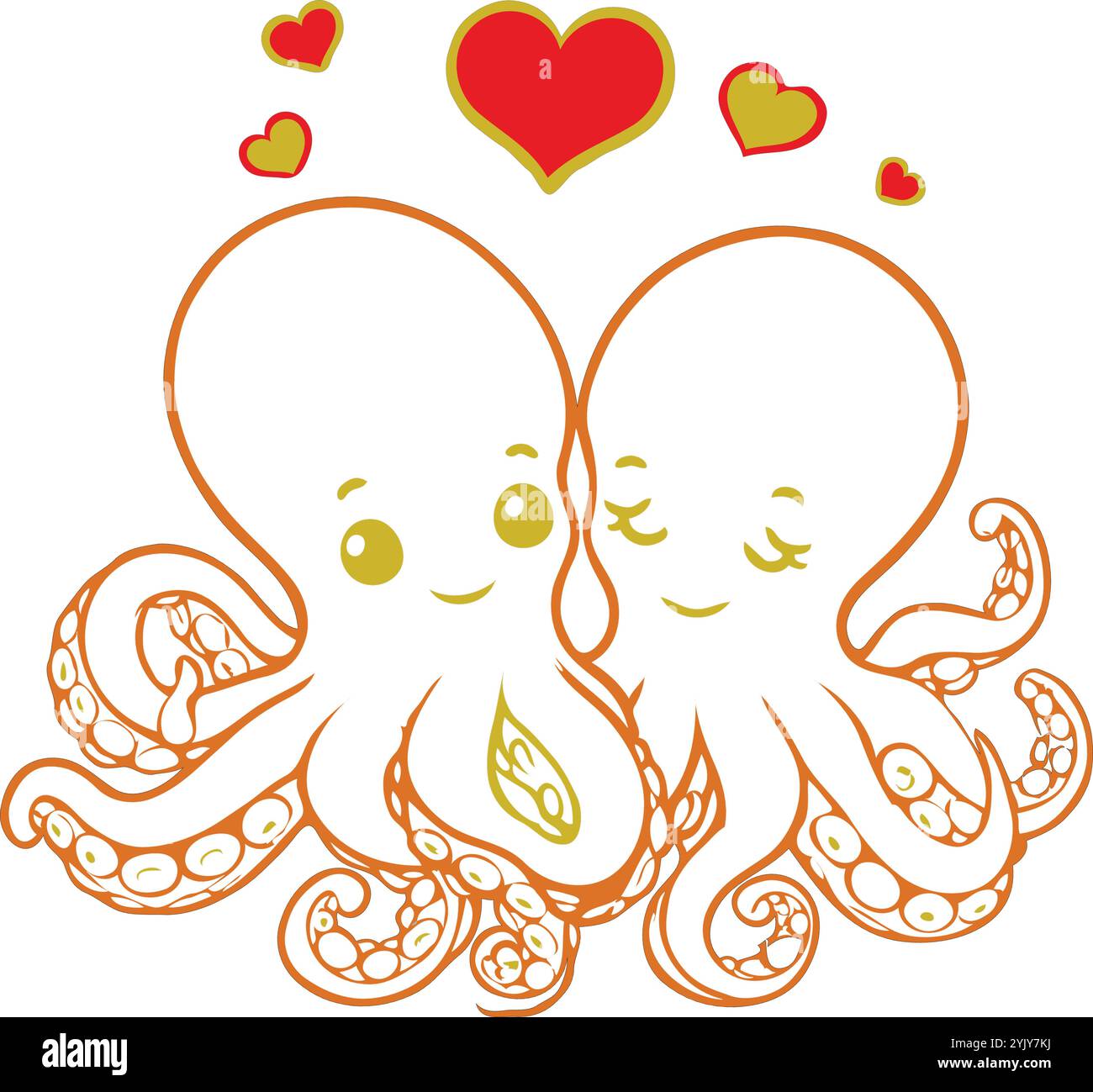 Cute octopus couple in love with hearts cartoon illustration Stock ...