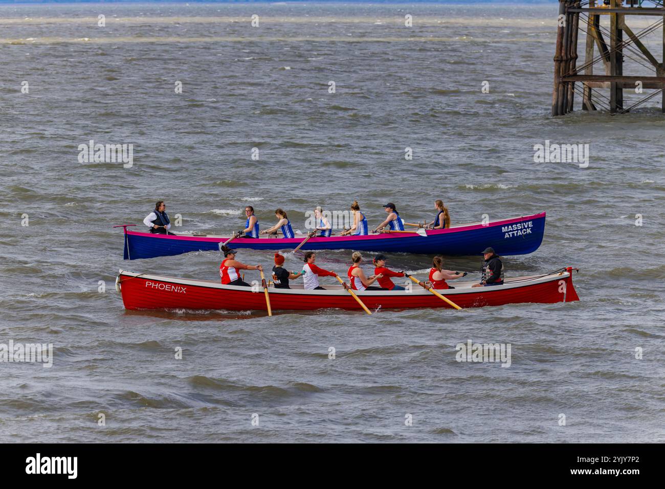 Pilot gig racing off Clevedon beach Stock Photo - Alamy