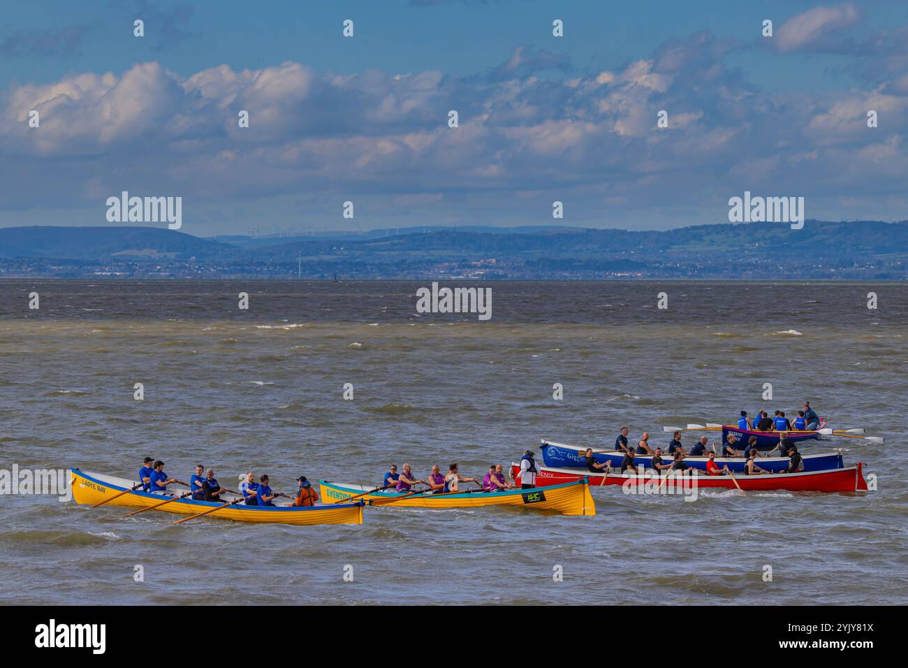 Pilot gig racing off Clevedon beach Stock Photo - Alamy