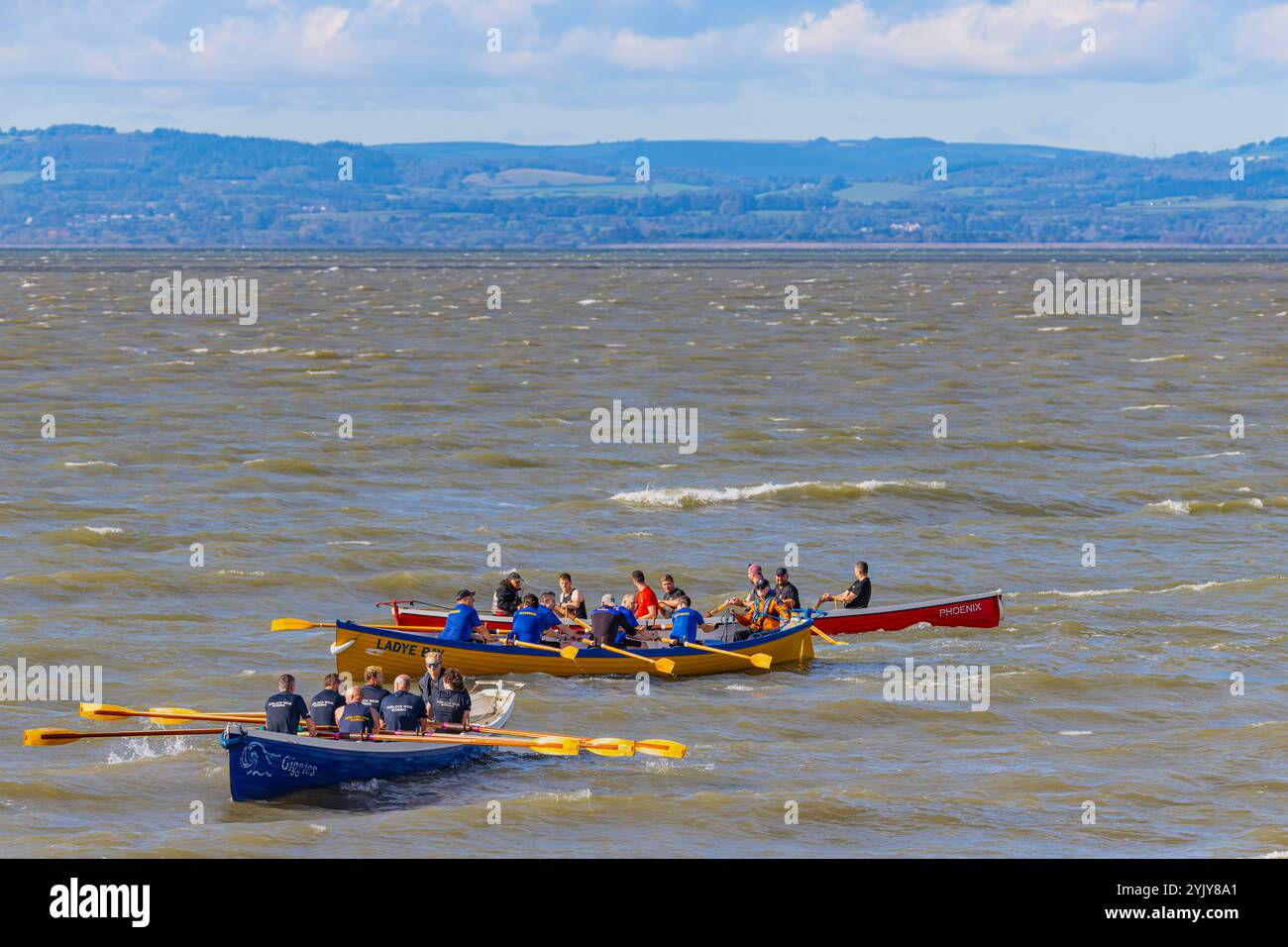 Pilot gig racing off Clevedon beach Stock Photo - Alamy