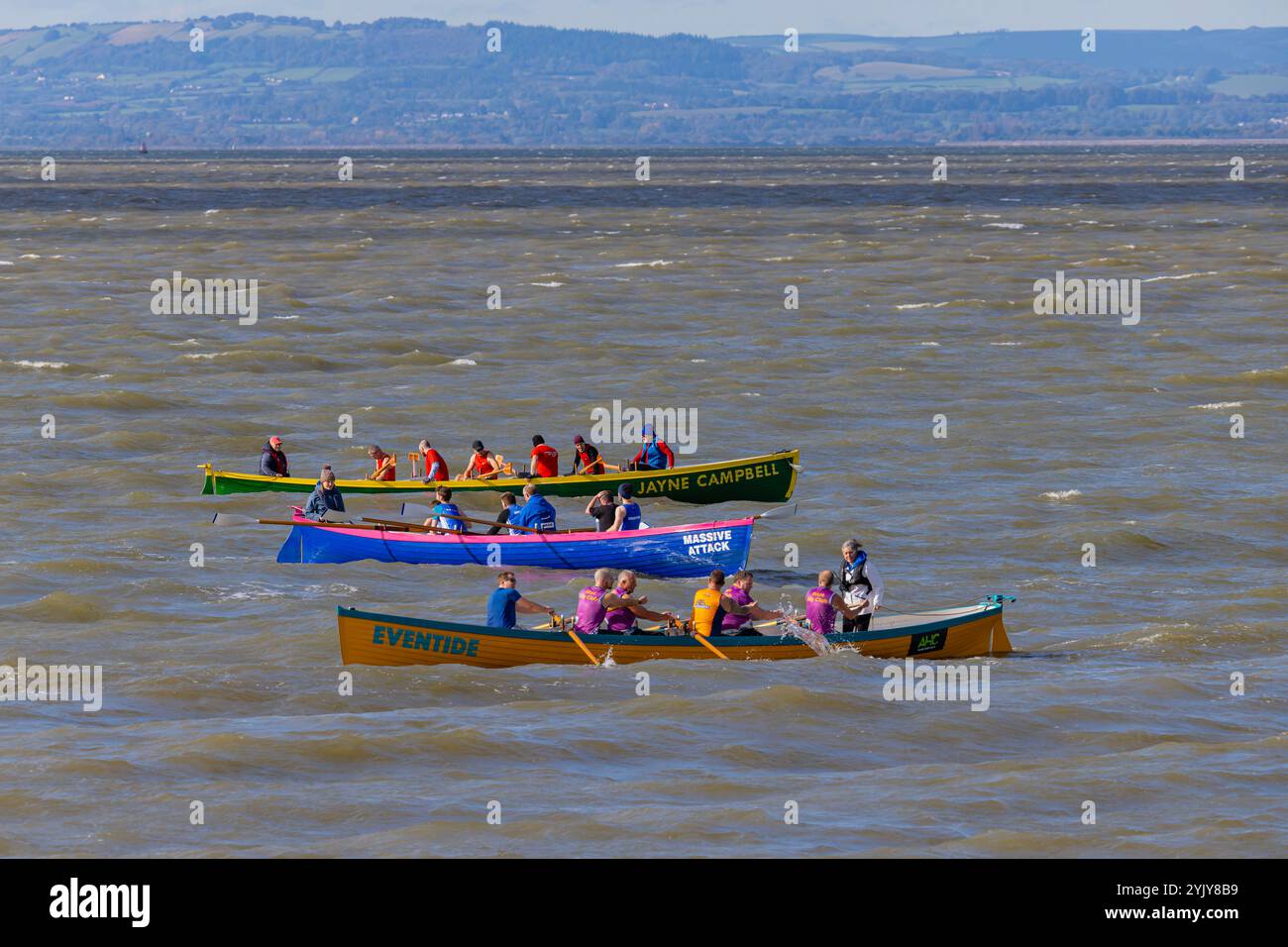 Pilot gig racing off Clevedon beach Stock Photo - Alamy