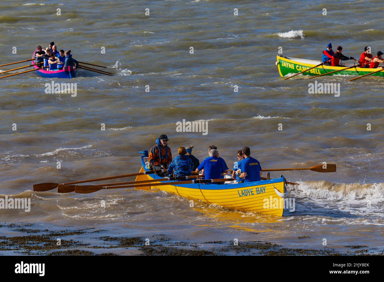 Pilot gig racing off Clevedon beach Stock Photo - Alamy