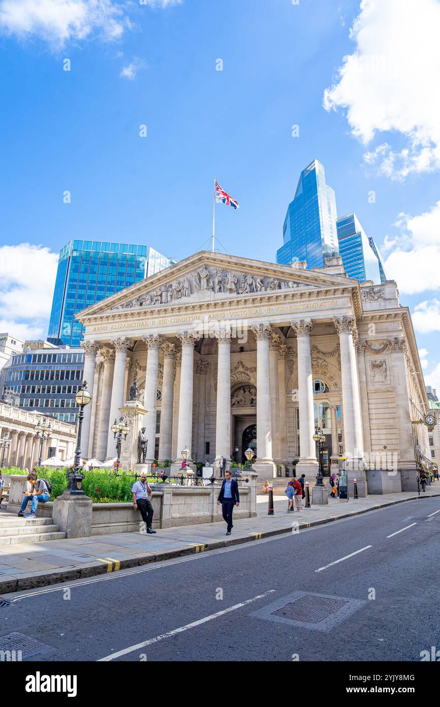 Front facade of the historic Royal Exchange building in central London ...